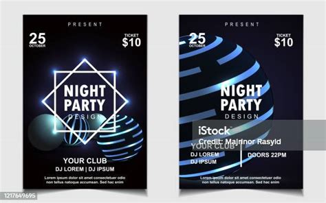 우아한 스타일의 파란색 물결 모양의 야간 댄스 파티 음악 레이아웃 디자인 템플릿 배경 다채로운 전기 스타일 3차원 형태에 대한 스톡 벡터 아트 및 기타 이미지 Istock