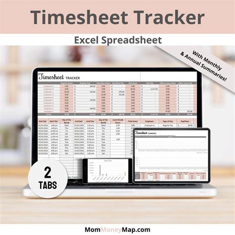 Timesheet Tracker Excel Spreadsheet With Monthly And Annual Summaries Work Hours Tracker Excel