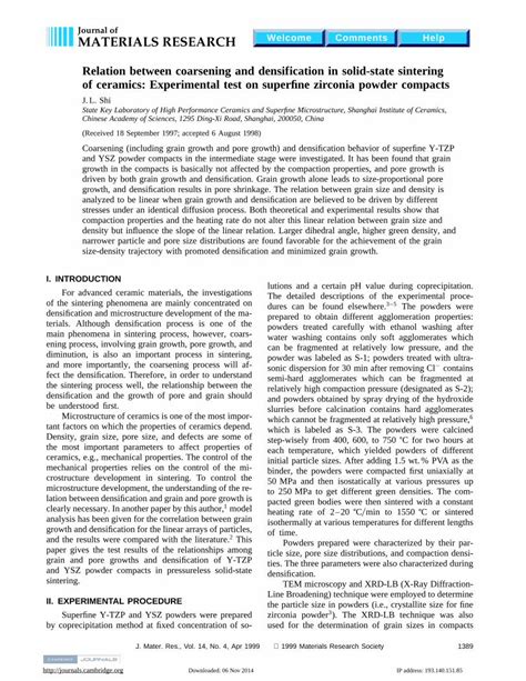 Pdf Relation Between Coarsening And Densification In Solid State Sintering Of Ceramics