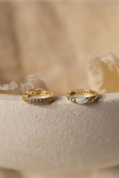 White Opal Gold Huggie Hoop Earrings Anett