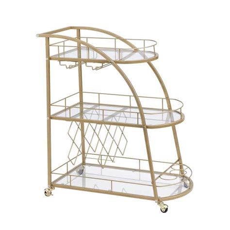 Angel Sar Golden Mobile Bar Cart Serving Cart With Wheels 3 Tier Wine