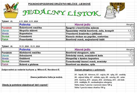 Jedálny lístok- Poľnohospodárske družstvo Melčice-Lieskové