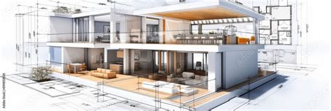 Vision Of Architecture Of A 3d Model House Project With Blueprint Stock