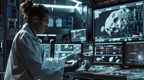 Scientist In A Hightech Lab Analyzing Asteroid Data On Multiple