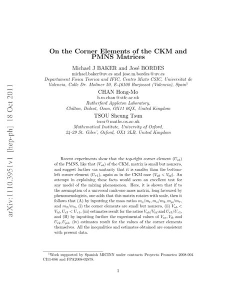 Pdf On The Corner Elements Of The Ckm And Pmns Matrices