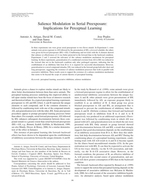 Pdf Salience Modulation In Serial Preexposure Implications For Perceptual Learning
