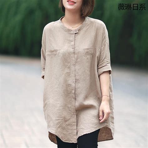 女生長版襯衫 七分袖棉麻素色寬襯衫 亞麻上衣 大碼女裝 春夏 寬鬆 文青文藝 休閒中長款立領素t襯衫薇琳日系 蝦皮購物