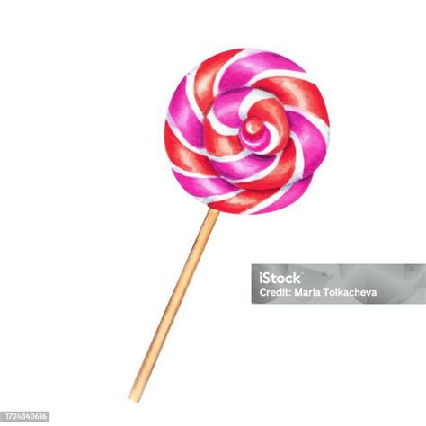 나선형 막대 사탕 원형 사탕 줄무늬 소용돌이가 있는 봉봉 스틱에 설탕 카라멜 흰색으로 분리된 수채화 그림 문구류 사탕 가게