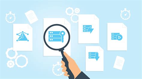 데이터베이스 서버 재생 파일 문서 연구 벡터 일러스트레이션 검색 아이콘으로 문서작성합니다 파일 및 돋보기 분석 연구 기호입니다 벡터 일러스트레이션 개념에 대한 스톡 벡터