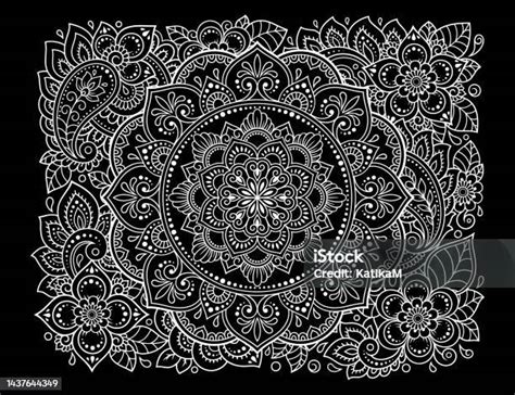 색칠 공부 책 페이지를 위한 멘디 스타일로 플로럴 패턴을 간략하게 설명합니다 성인과 어린이를위한 안티 스트레스 흑백의 낙서 장식 손 그리기 벡터 그림 강렬하고 밝은 색상에