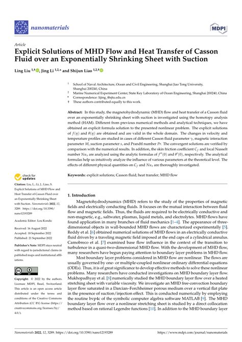 Pdf Explicit Solutions Of Mhd Flow And Heat Transfer Of Casson Fluid Over An Exponentially