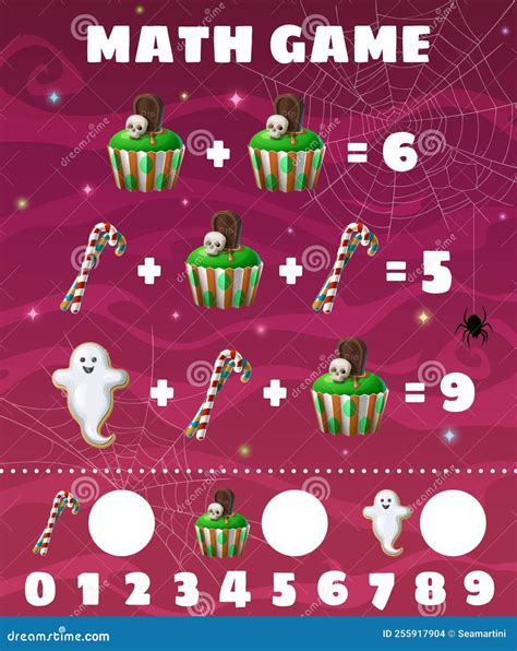 Cartoon Halloween Sweets On Math Game Worksheet Stock Vector