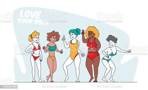 행복한 다인종 다양한 연령대의 다문화 소녀 캐릭터 수영 정장의 크기와 민족 몸 양성 과체중에 대한 스톡 벡터 아트 및 기타