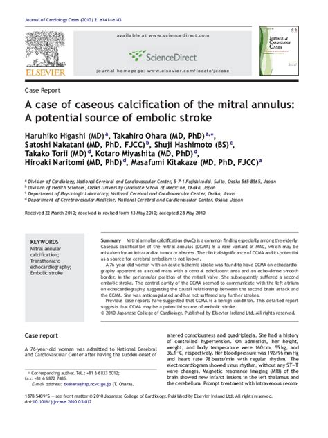 Pdf A Case Of Caseous Calcification Of The Mitral Annulus A Potential Source Of Embolic Stroke