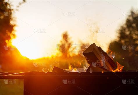 火在烤架上燃烧，有木柴和烟。在日落的自然背景上。露营的概念。