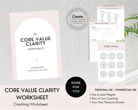 Core Value Clarity Worksheet Identifying Core Values Worksheets Life Coaching Resource Done