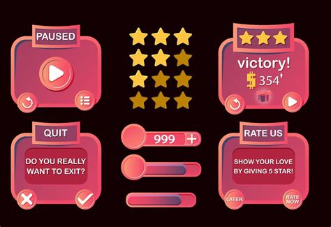 Set Of Game Ui Level Complete Pause Menu Exit And Rate Us Pop Up For