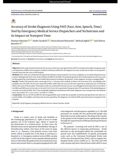 Pdf Accuracy Of Stroke Diagnosis Using Fast Face Arm Speech Time