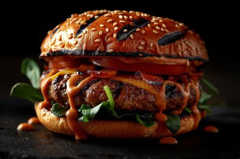 Juicy Grilled Burger With Fresh Toppings On A Sesame Seed Bun At A