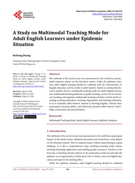 PDF A Study On Multimodal Teaching Mode For Adult English Learners Under Epidemic Situation