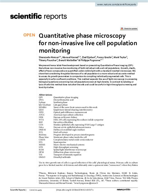 Pdf Quantitative Phase Microscopy For Non Invasive Live Cell