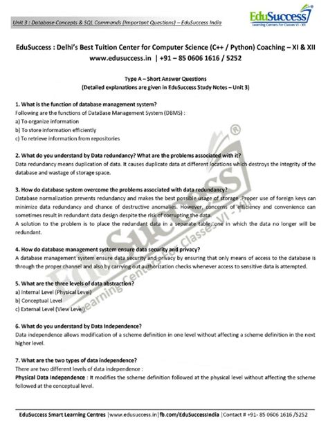 Unit 3 Database Concepts And Sql Computer Science Sumita Arora Pdf Pdf