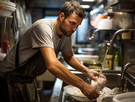 Premium Ai Image Man Washing Dishes In Restaurant