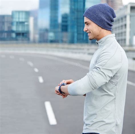 Man Smart Watch And Happy In City For Fitness Heart Rate And Wellness App For Tracking After