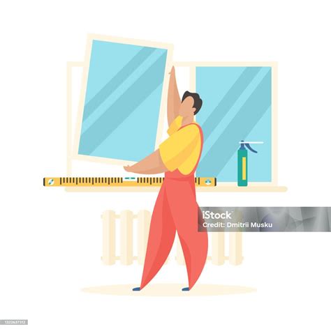 피팅 및 교체 창 유니폼을 입은 남자는 유리로 새로운 프레임을 삽입합니다 유리기술자에 대한 스톡 벡터 아트 및 기타 이미지 유리기술자 Diy 가공의 인물 Istock