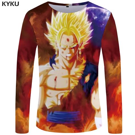 KYKU Brand Dragon Ball Z T Shirt Men Long Sleeve Shirt Goku Clothes Blood Mens Clothing Flame