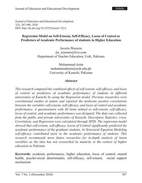 Pdf Regression Model On Self Esteem Self Efficacy Locus Of Control As Predictors Of Academic