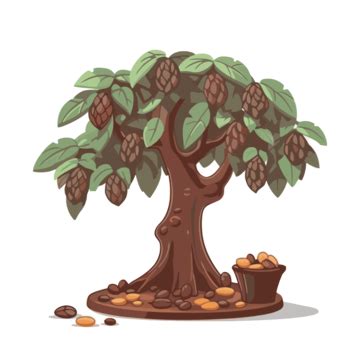 Cocoa Tree Vector Sticker Clipart Chocolate Tree With Nut Bunches On White Background Cartoon
