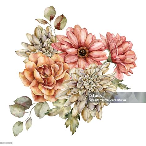 달리아 과꽃 장미와 나뭇잎의 수채화 가을 꽃다발 흰색 배경에 격리된 손으로 그린 초원 꽃 디자인 인쇄 직물 또는 배경에 대 한 꽃 야생 그림입니다 0명에 대한 스톡 벡터