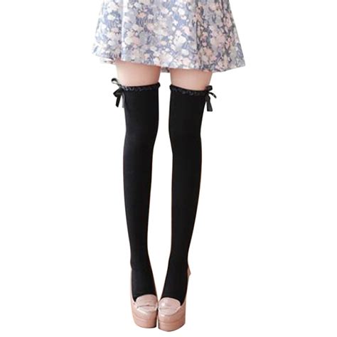 Wtxue Socks For Women Thigh High Socks Wavy Lace Ribbon Bow Stockings