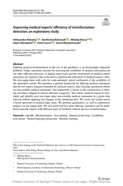 Pdf Improving Medical Experts Efficiency Of Misinformation Detection