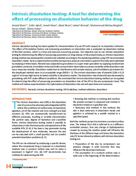 Pdf Intrinsic Dissolution Testing A Tool For Determining The Effect