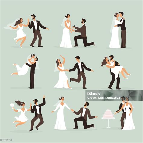 신부와 신랑 다양한 포즈 점프 춤과 키스 포옹과 케이크를 잘라 웨딩 커플 결혼 의식 장면 남자와 여자 에 사랑 벡터 플랫 만화 유행 캐릭터 세트 결혼식에 대한 스톡 벡터