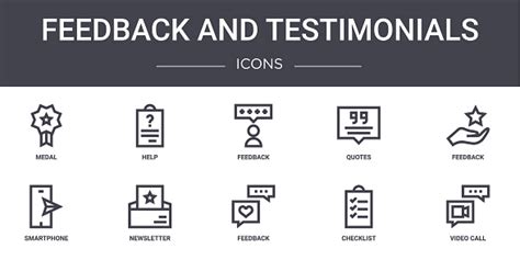 피드백 및 평가 개념 선 아이콘 세트 도움말 따옴표 스마트 폰 피드백 체크리스트 화상 통화 피드백과 같은 웹 로고 Ui Ux에 사용할 수있는 아이콘이 포함되어 있습니다 날씬