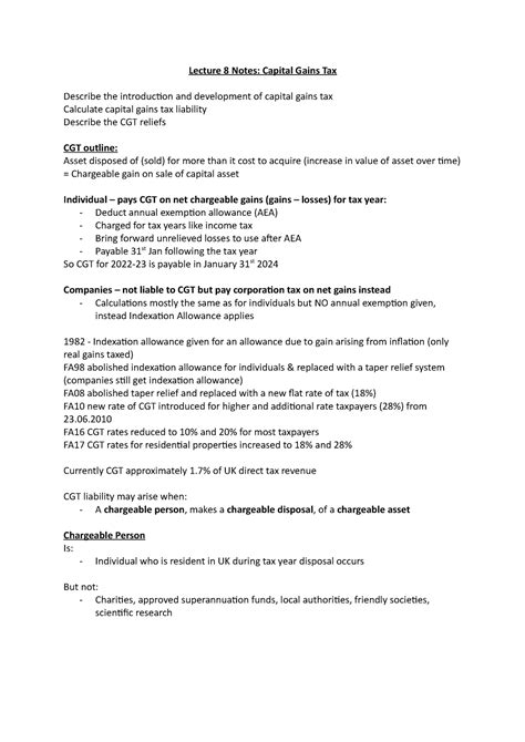 Lecture 8 Notes Lecture 8 Notes Capital Gains Tax Describe The