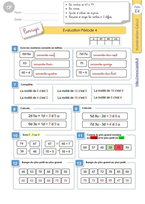 CP NUMERATION CALCUL Evaluation période 4 Evaluation math ce1