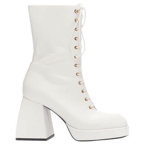 Nodaleto Bulla Candy White Leather Chunky Heels Lace Up Boots Eu38 For