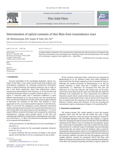 Determination Of Optical Constants Of Thin Films From Transmittance Trace Pdf Refractive