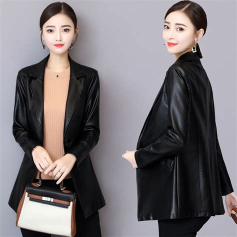 2021春秋季新款海宁皮衣女中长款修身显瘦韩版女士西装皮外套大码时尚百信屋