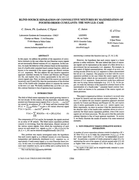 Pdf “blind Source Separation Of Convolutive Mixures By Maximization Of Fourth Order Cumulants