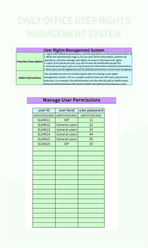 Daily Office User Rights Management System Excel Template And Google Sheets File For Free