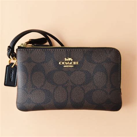 Coach Double Corner Zip Wristlet Signature Brown Black Averand