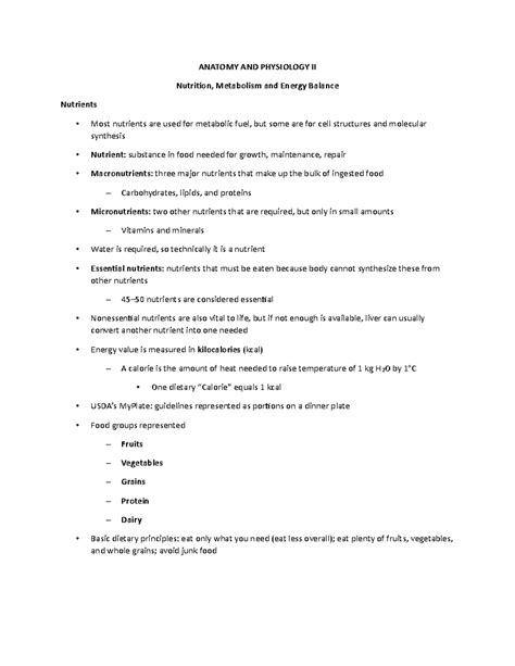 Nutrition Metabolism And Energy Balance Reviewer Anatomy And