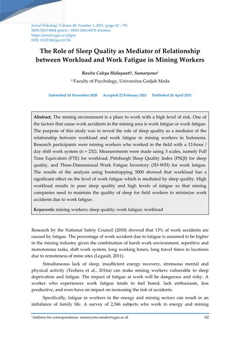 Pdf The Role Of Sleep Quality As Mediator Of Relationship Between Workload And Work Fatigue In
