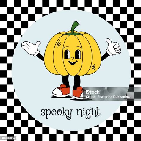 그루비 복고풍 해피 할로윈 귀여운 호박과 글자 으스스한 밤 벡터 인사말 템플릿 포스터 인쇄 파티 초대장 및 배경 만화 캐릭터의 펑키 카드 2000년대 스타일에 대한 스톡