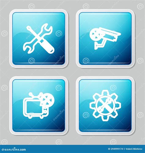 Set Line Crossed Screwdriver And Wrench Security Camera Service Tv And Wrench In Gear Icon